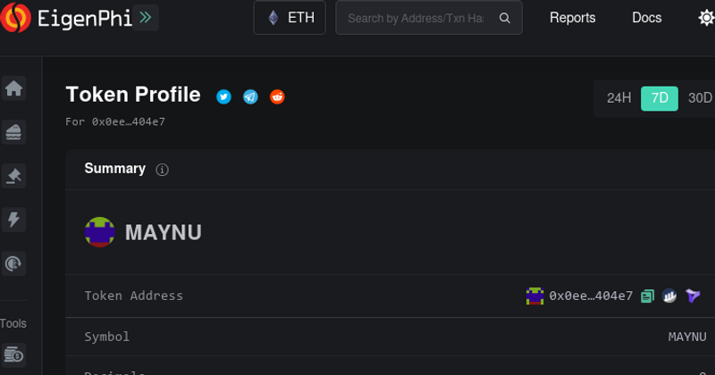 Token Profile - MAYNU:0x0eeb428e02442be1e6a76451082a62e2b2b404e7 | EigenPhi